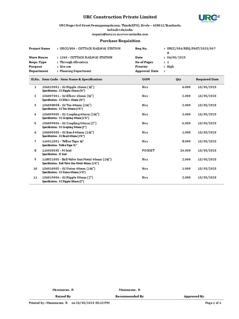 URC Construction Private Limited: Purchase Requisition | PDF | Building Materials | Mechanical ...