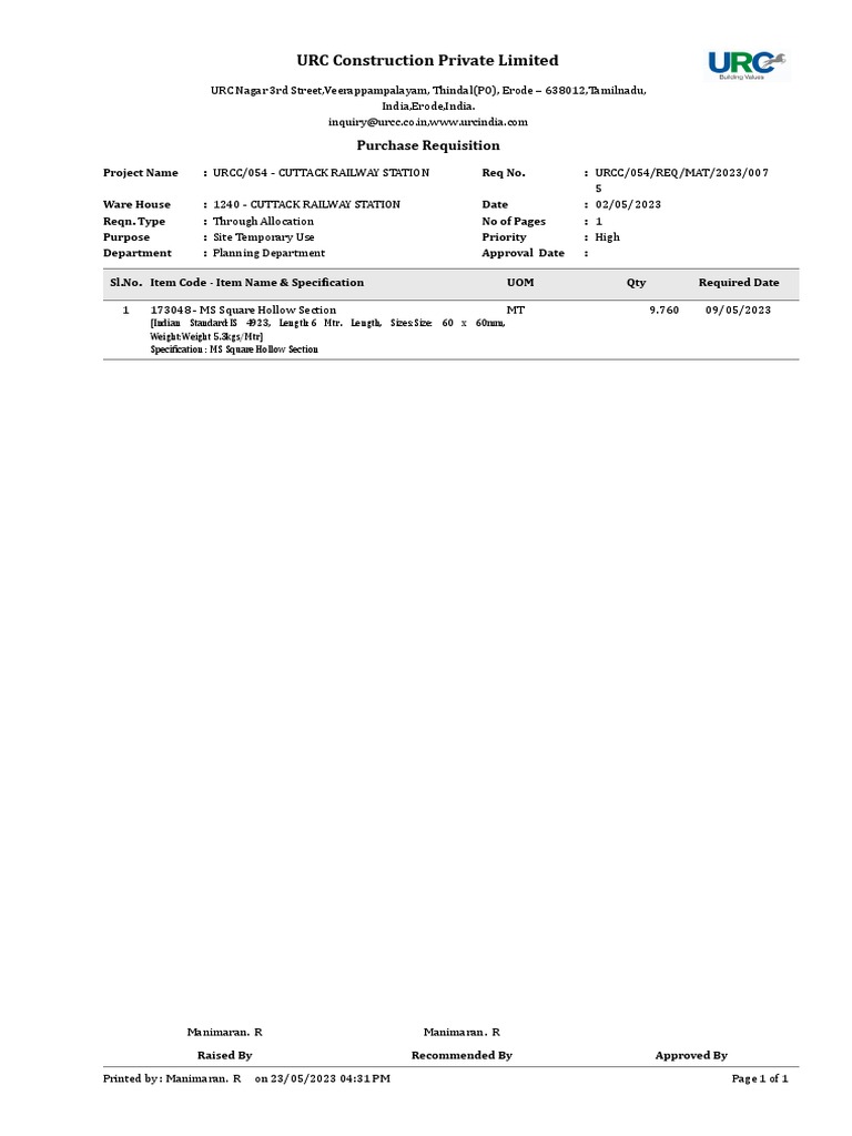 URC Construction Private Limited: Purchase Requisition | PDF