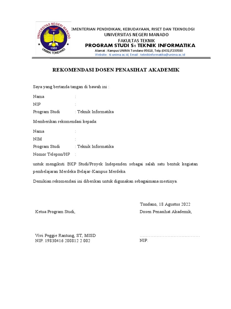 Format Rekom Dosen PA - Studi Independen | PDF