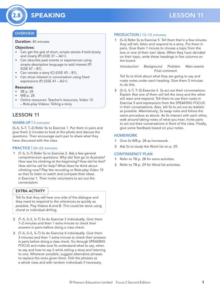 Focus2 2E Lesson Plans U02 Lesson11 Speaking | PDF | Linguistics | Learning