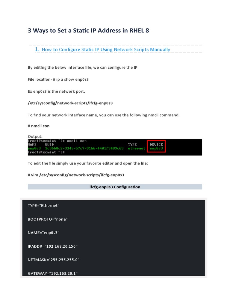 3 Ways To Set A Static IP Address in RHEL 8 | PDF | Ip Address | Cyberspace