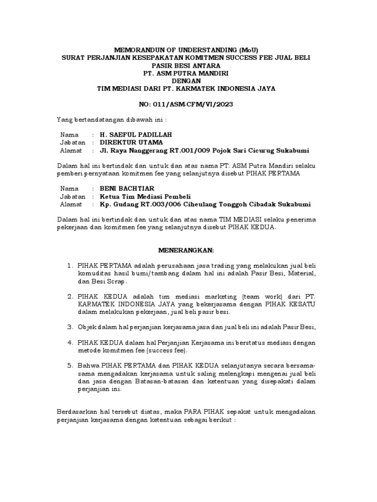 Surat Perjanjian Kesepakatan Komitmen Success Fee Dengan Beni Bachtiar ...