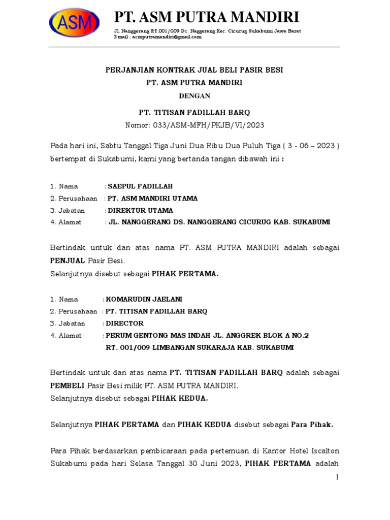 Perjanjian Kontrak PT Asm Putra - Pasir Besi-Pt Titisan Fadillah Barq | PDF