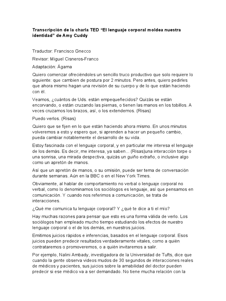 Transcripción Charla TED Amy Cuddy | Descargar gratis PDF ...