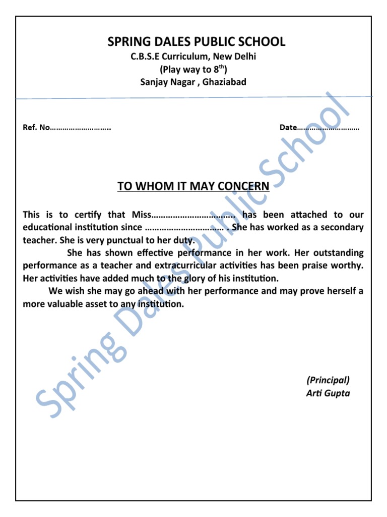 SPRING DALES PUBLIC SCHOOL Exp Letter | PDF