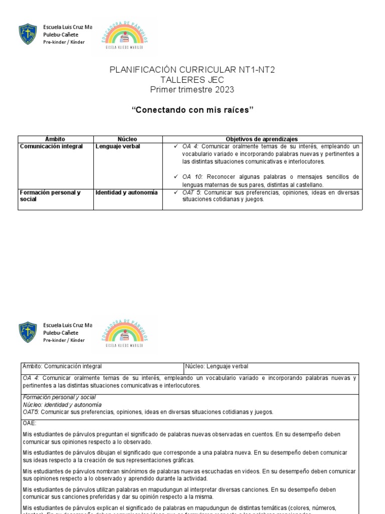 Taller Jec nt1 y nt2 | PDF | Comunicación | Educación de la primera infancia