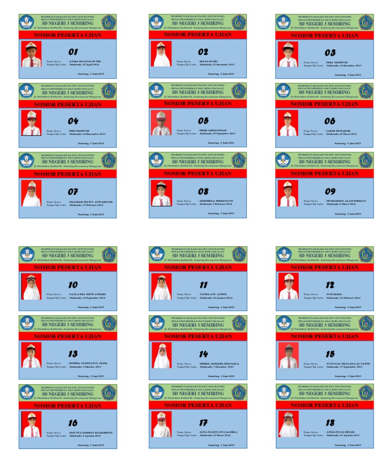 Nomor Bangku Ujian Siswa SDN 3 Semiring | PDF