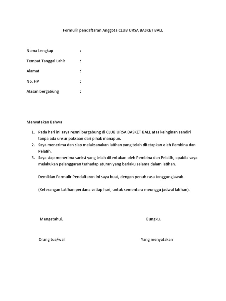 Formulir Pendaftaran Anggota ClUB URSA BASKET BALL | PDF