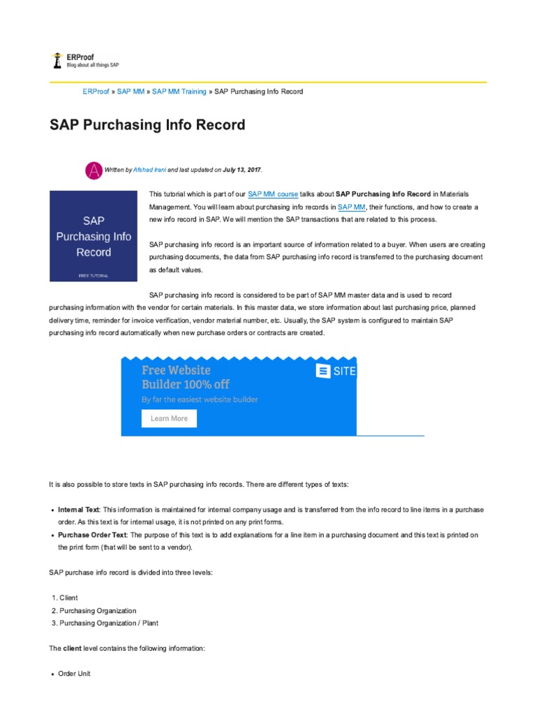 SAP Purchasing Info Record Tutorial - Free SAP MM Training | PDF