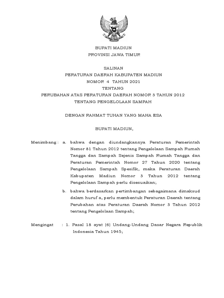 Perubahan Perda Madiun 2012: Pengelolaan Sampah | PDF