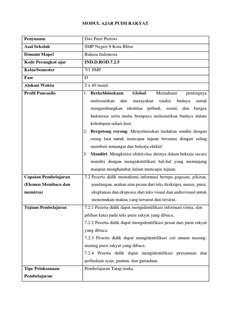 Modul Ajar Puisi Rakyat | PDF