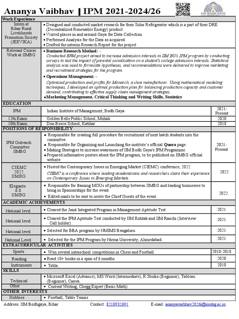 Ananya Vaibhav Resume | PDF | Business