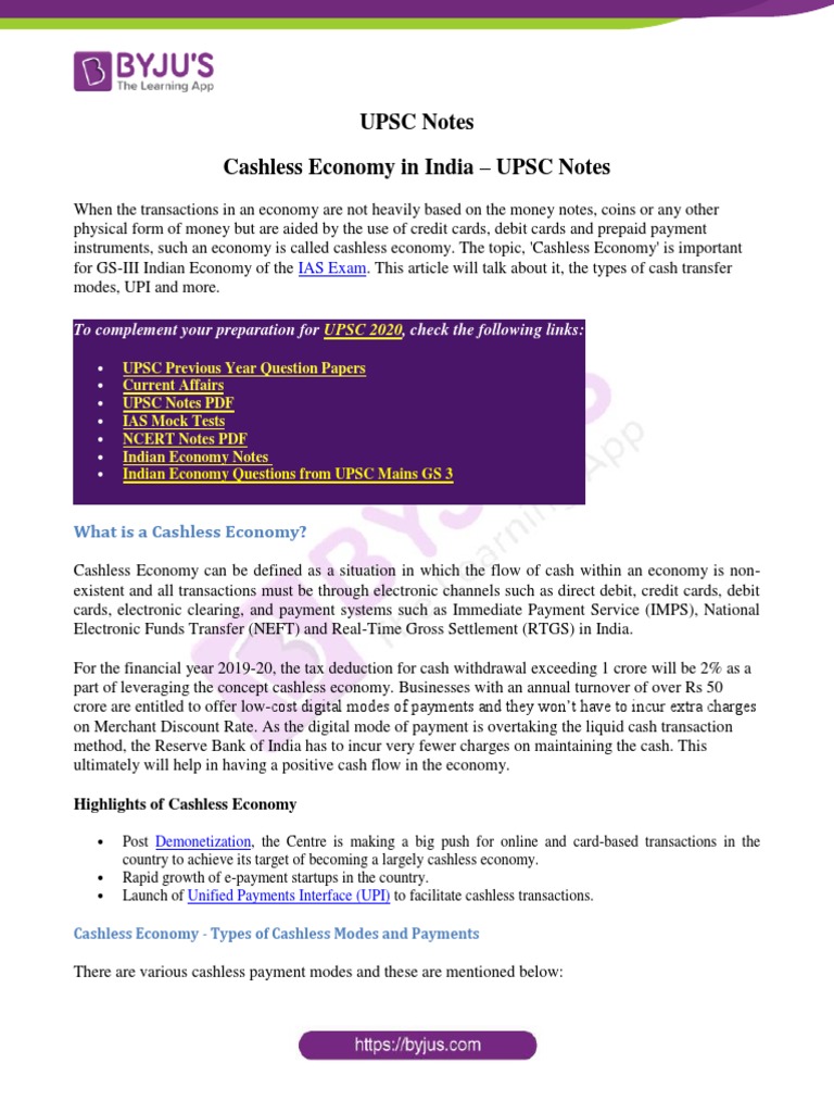 Cashless Economy in India UPSC Notes | PDF | Debit Card | Cash