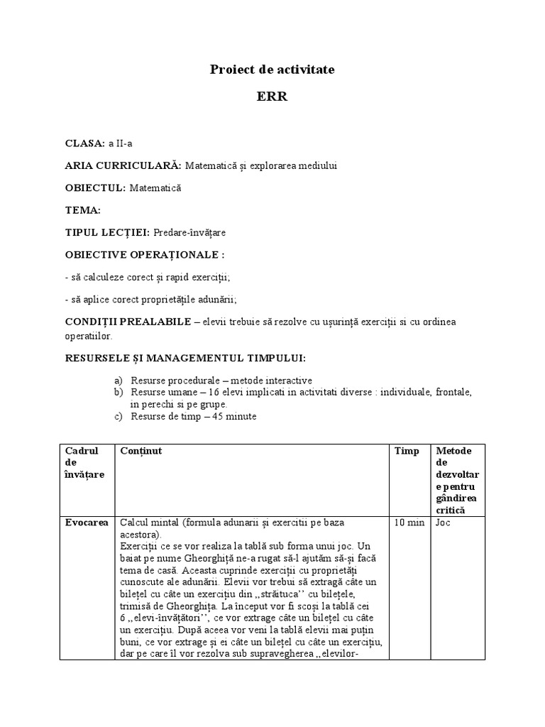 Proiect de activitate-ERR, MEM | PDF
