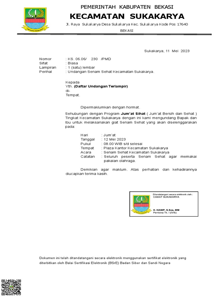 Undangan Senam Sehat Sukakarya 2023 | PDF