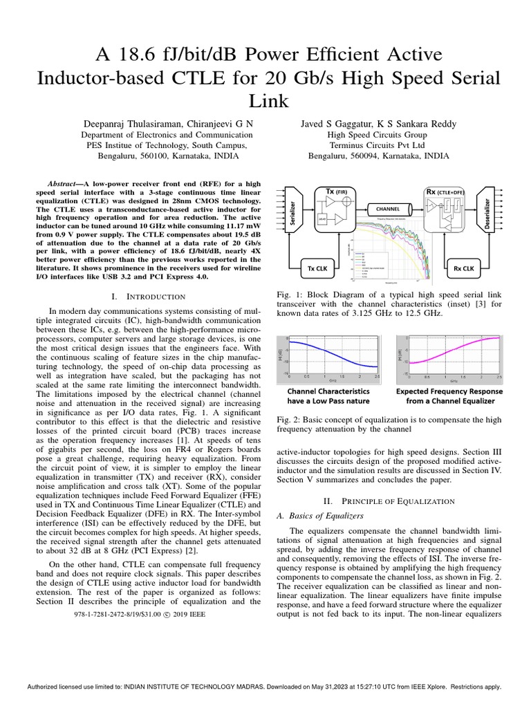 A 18 6 Fj Bit Db Power Efficient Active Inductor Based Ctle For 20 Gb S