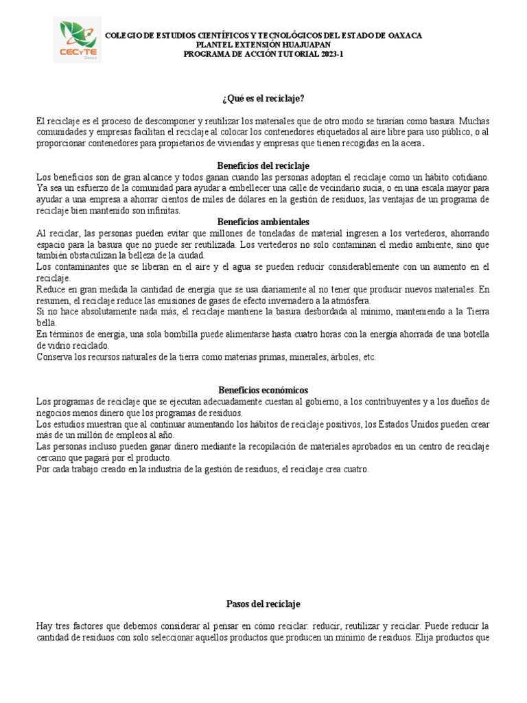Tema 6. Importancia y Beneficios Del Reciclaje | PDF | Reciclaje | Residuos