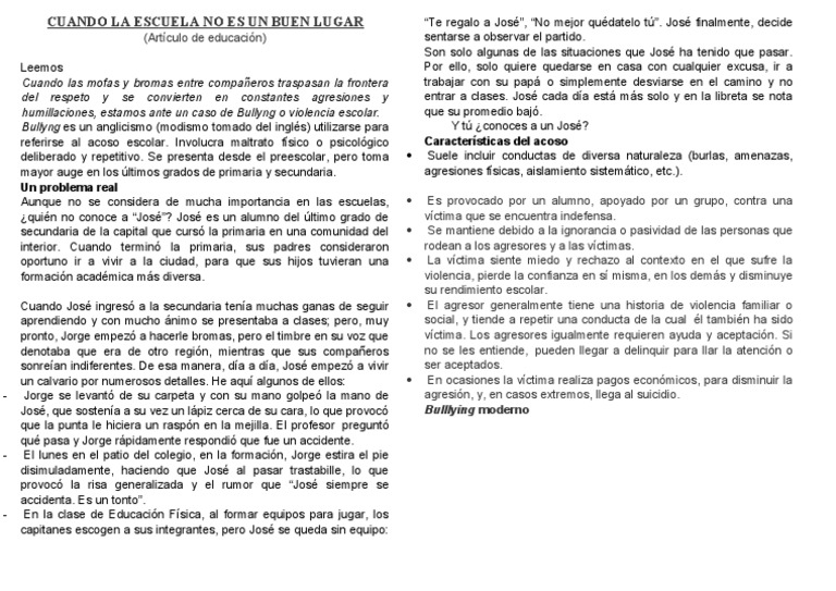 Lectura Sobre El Bullying | PDF | Violencia | Agresión