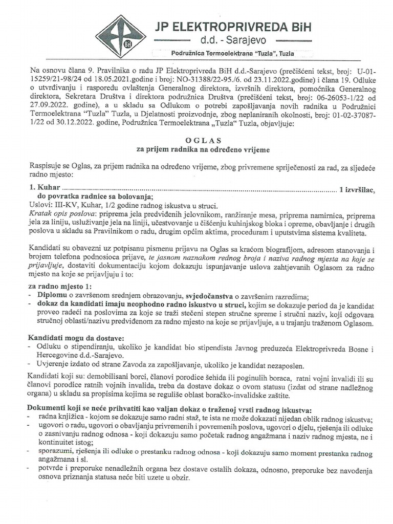 Oglas Za Prijem 1 Radnika Na Odredjeno Vrijeme Zbog Neplaniranih ...