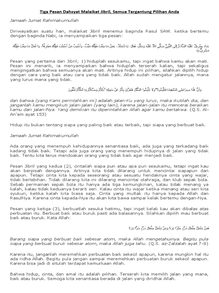 Khutbah Jumat 2023 Tiga Pesan Dahsyat Malaikat Jibril | PDF Khutbah Jumat 2023 Tiga Pesan Dahsyat Malaikat Jibril | PDF