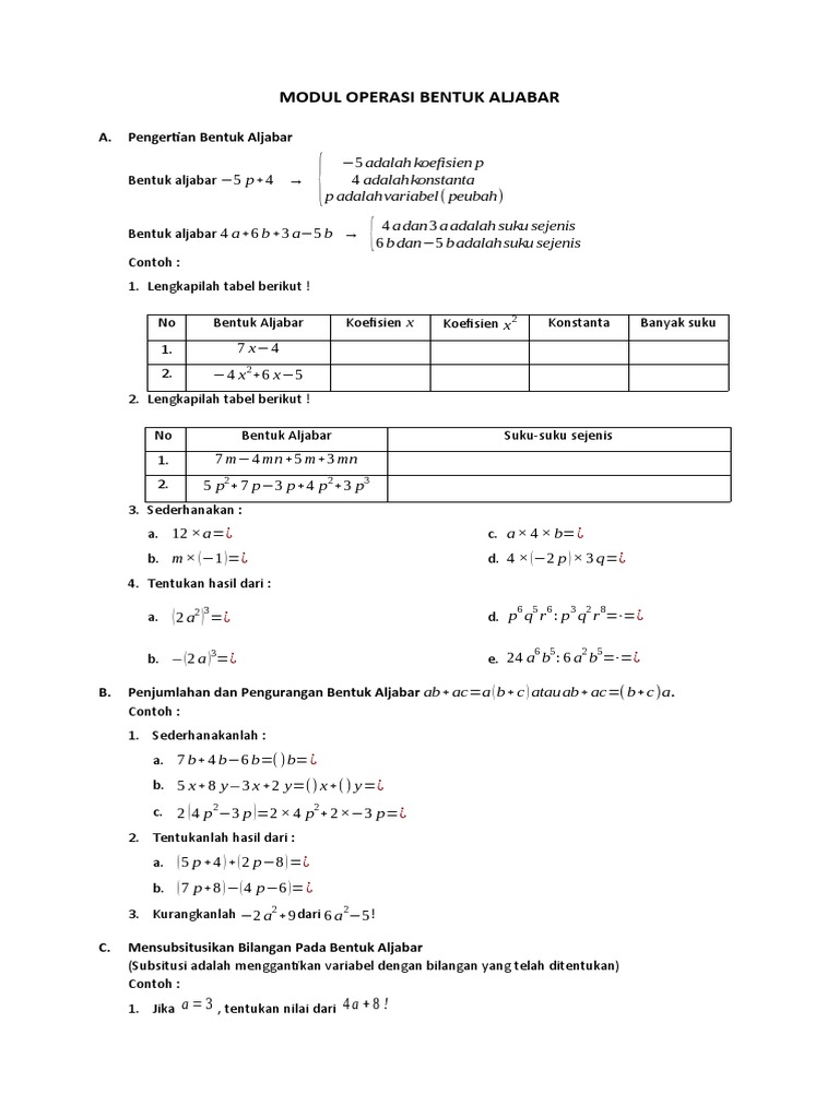 Operasi Bentuk Aljabar Dasar | PDF