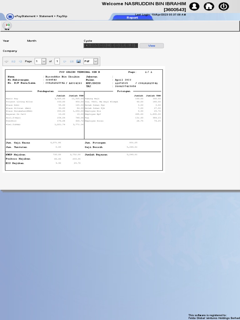 FGV HRMS April 2023 Payslip | PDF