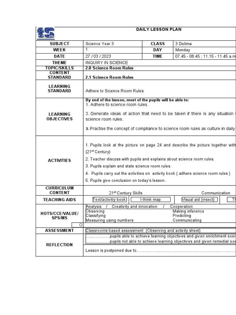 Science Year 3 Daily Lesson Plan | PDF