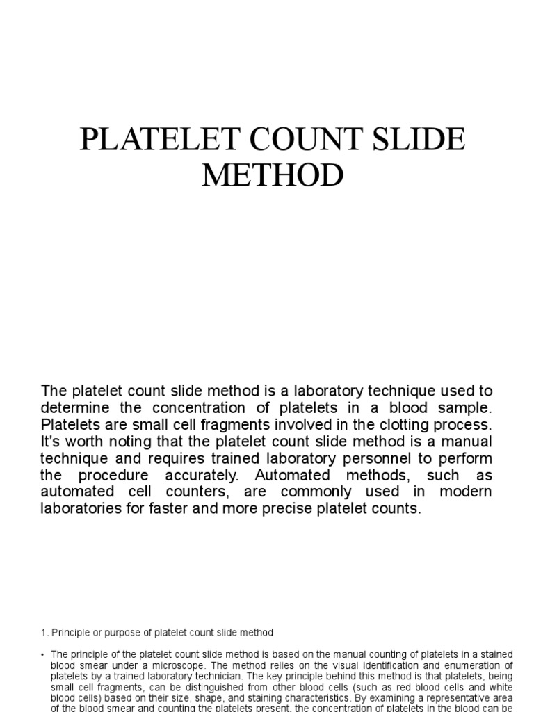 Manual Platelet Count Slide Method | PDF | Platelet | Blood Cell