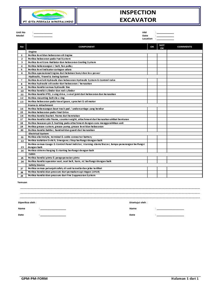 GPM PM FORM Inspection Excavator | PDF