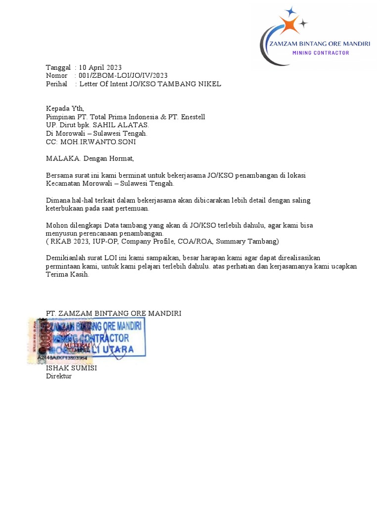 Contoh LOI JO-KSO NIKEL | PDF
