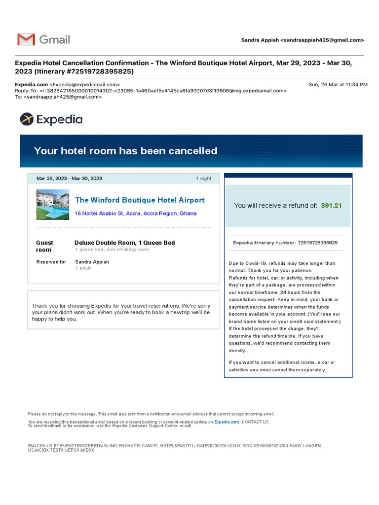 Expedia Hotel Cancellation Confirmation - The Winford Boutique Hotel ...