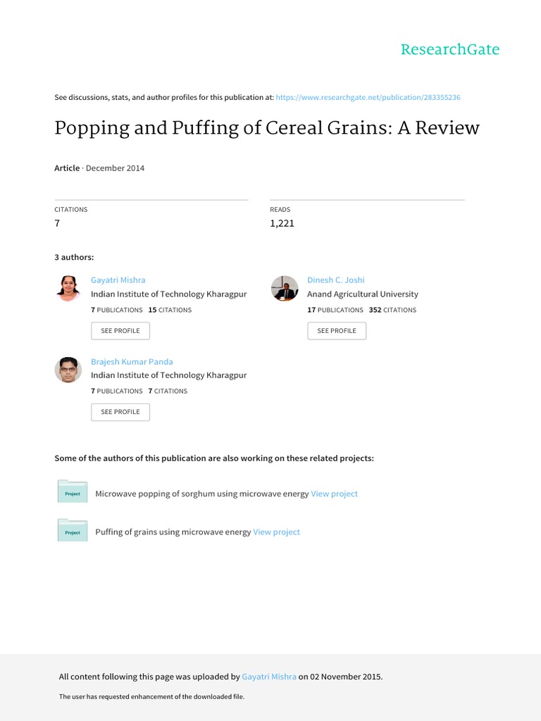 Popping and Puffing of Cereal Grains Are View | PDF | Popcorn | Cereals