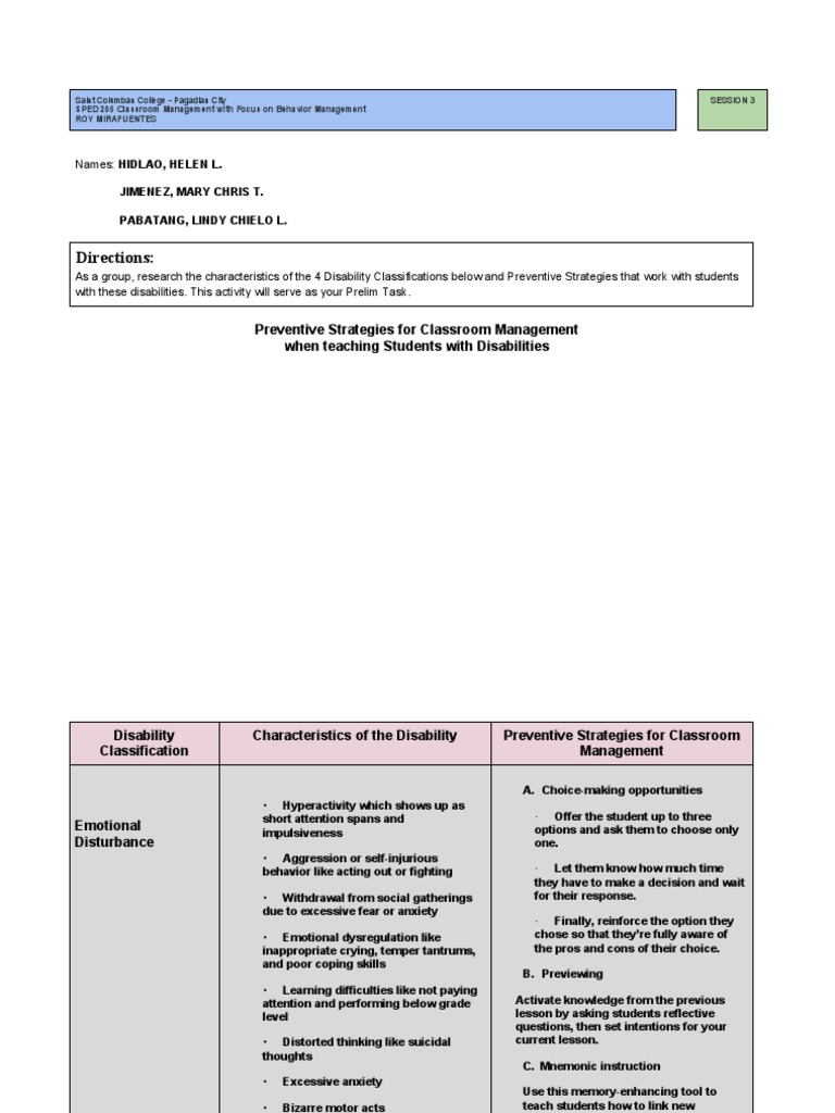 GROUP 3 Preventive Strategies For Classroom Management When Teaching Students With Disabilities ...