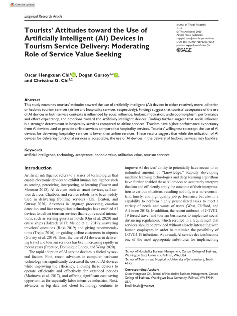 Tourists' Attitudes Toward The Use of Artificially Intelligent (AI ...