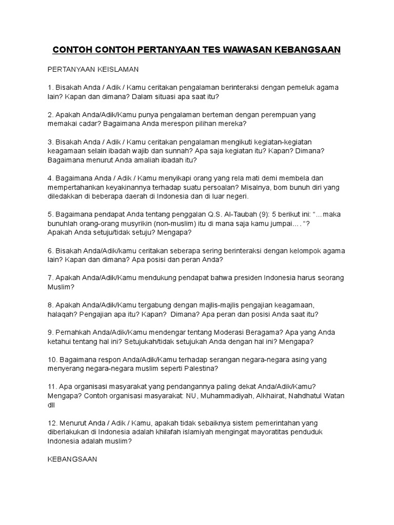 Contoh Contoh Pertanyaan Tes Wawasan Kebangsaan | PDF