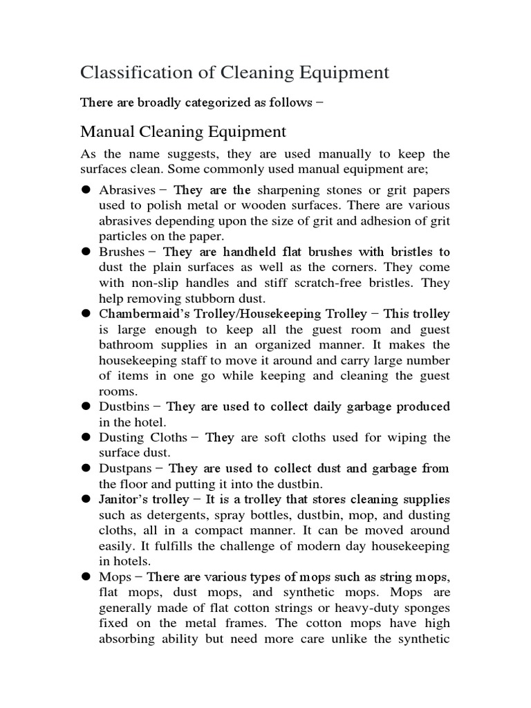 Classification of Cleaning Equipment | PDF | Housekeeping | Chlorine