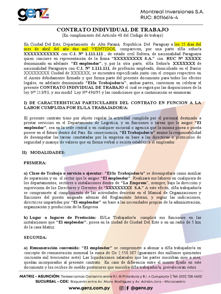 Modelo Contrato Individual de Trabajo | PDF
