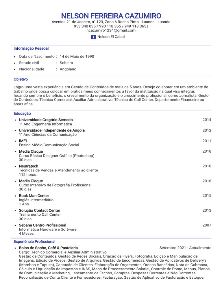 CV Nelson Cazumiro em Actualização 2023. | PDF | Centro de atendimento ...