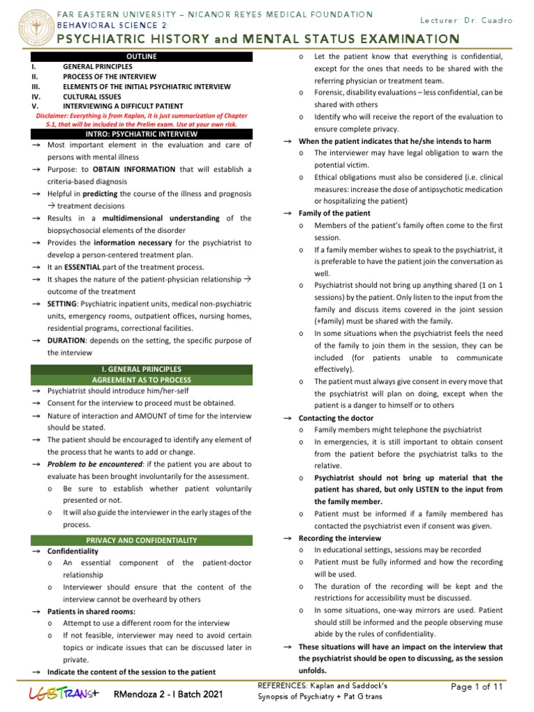 FEU Psychiatric History and Mental Status Examination | PDF ...