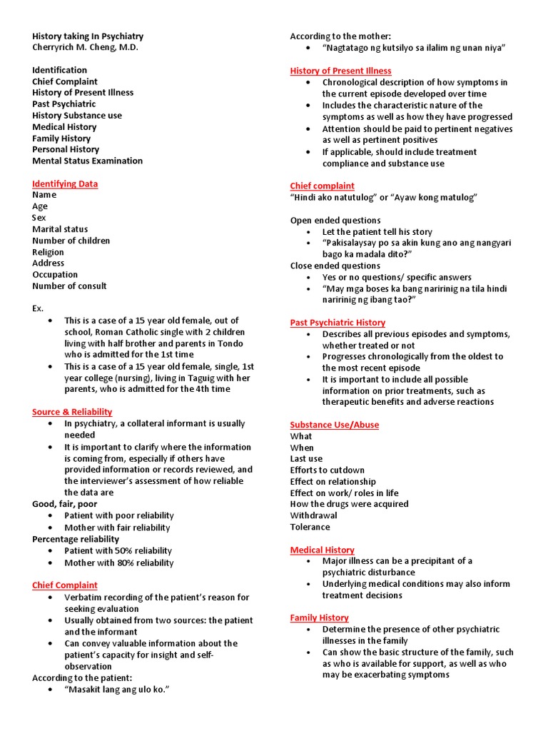 History Taking in Psychiatry Cheng | PDF | Psychiatry | Pregnancy