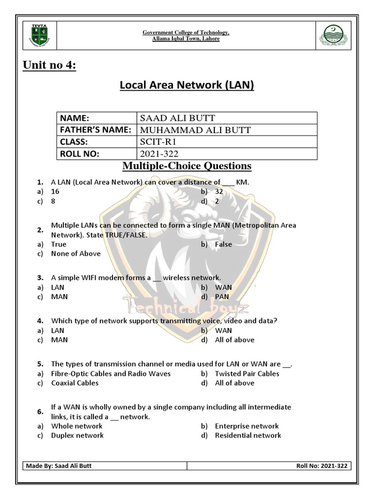 Unit No 4 LAN MCQs | PDF | Local Area Network | Network Topology