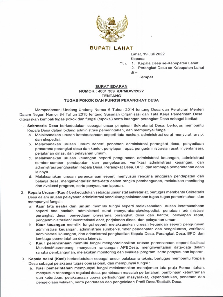 Tugas dan Fungsi Perangkat Desa 2022 | PDF