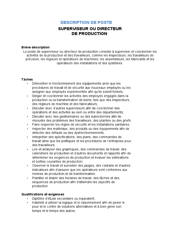 DESCRIPTION DE POSTE SUPERVISEUR OU DIRECTEUR de production | PDF