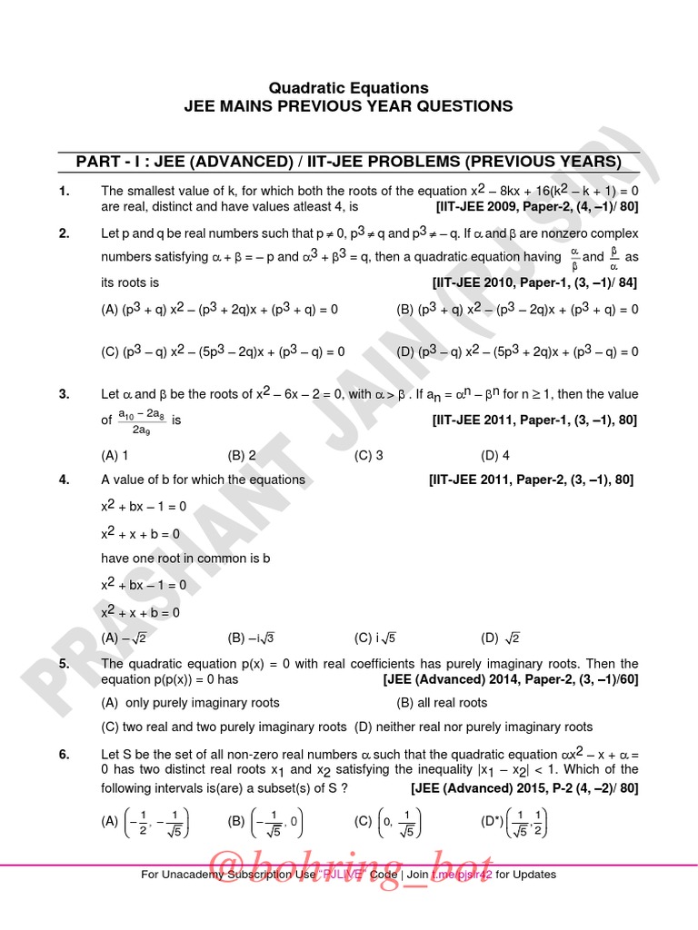 PJ sir JEE PYQs | PDF | Quadratic Equation | Equations