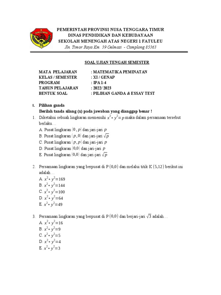 Soal Uts SMSTR Genap 2022 | PDF