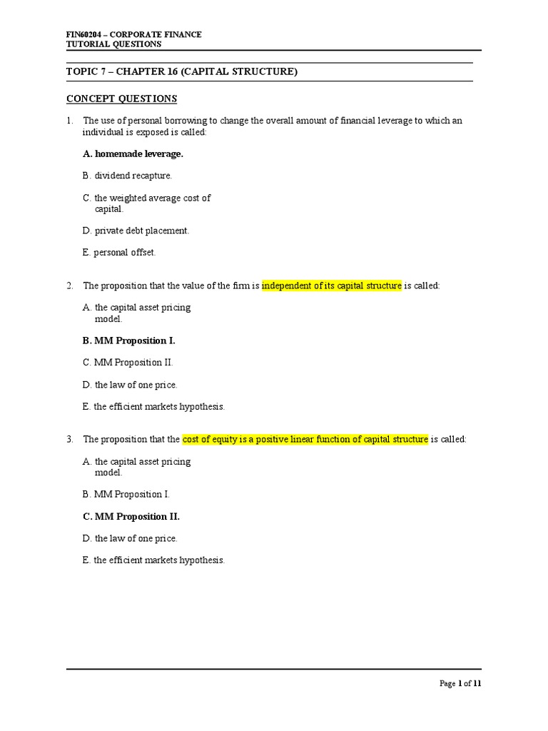 Corporate Finance Capital Structure Quiz | PDF | Capital Structure ...