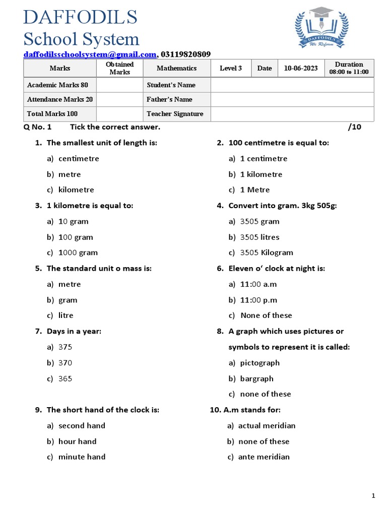 Year 3 Maths Practice Test | PDF | Kilogram | Litre
