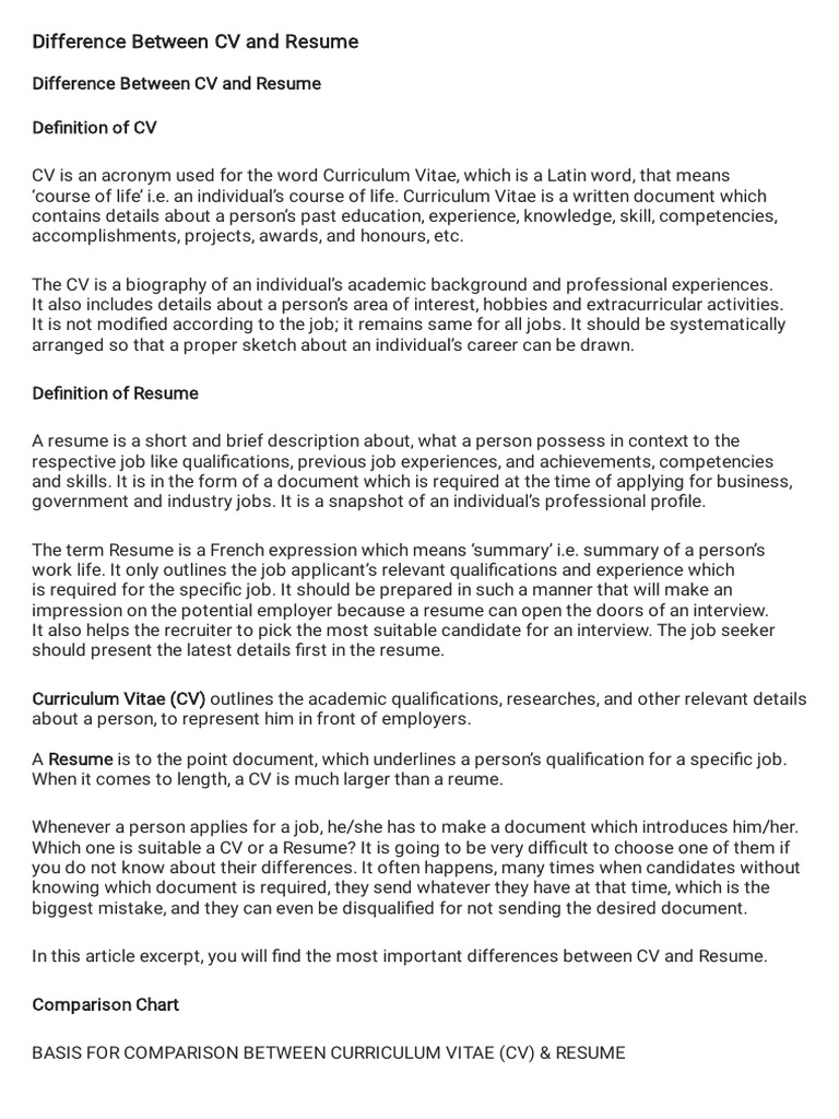 Diff BTW CV and Resume | Download Free PDF | Résumé | Cognition