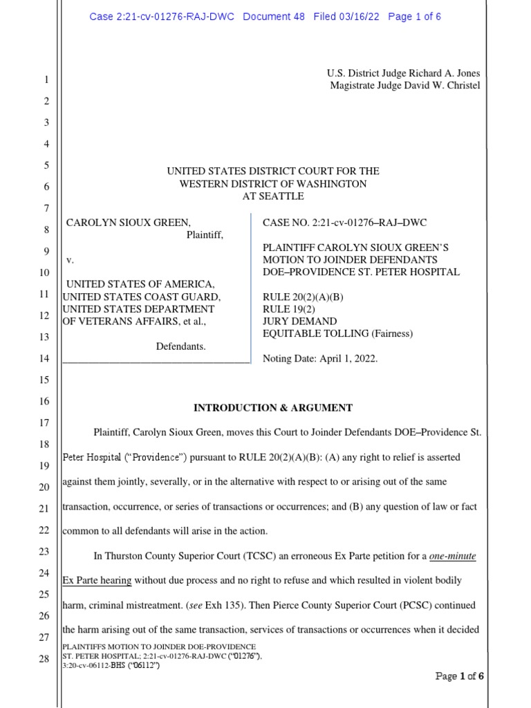 48 Motion To JOINDER DOE-1 Providence ST Peter Hospital (State of ...