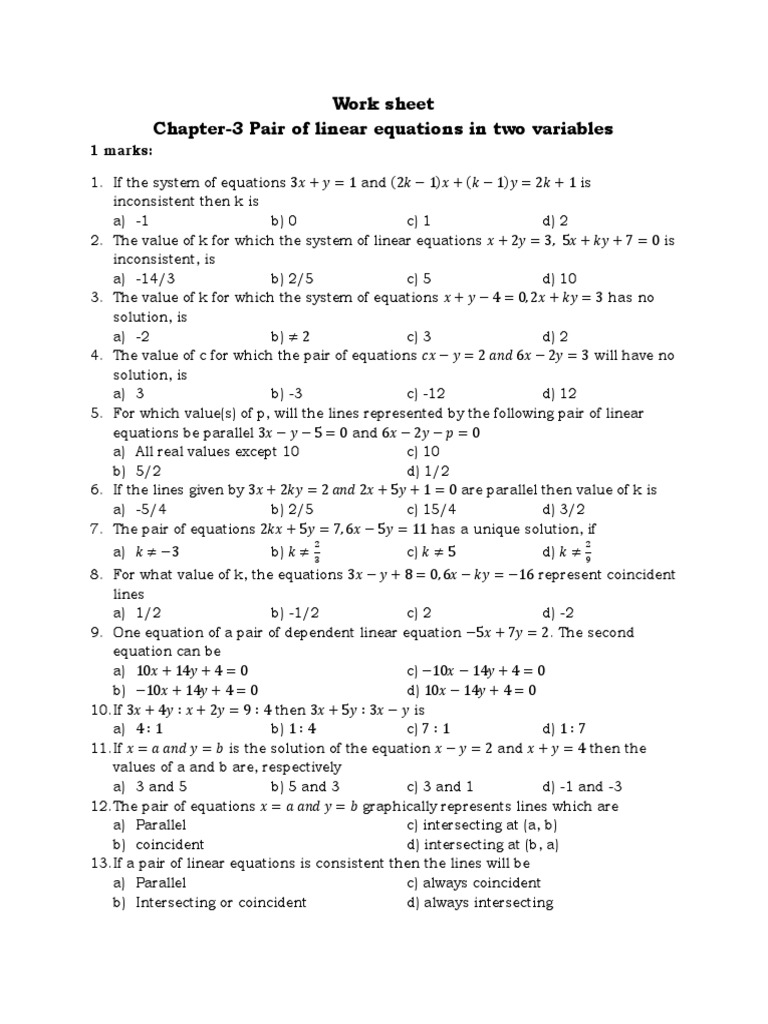 Chapter 3 Pair of Linear Equations in Two Variables | PDF